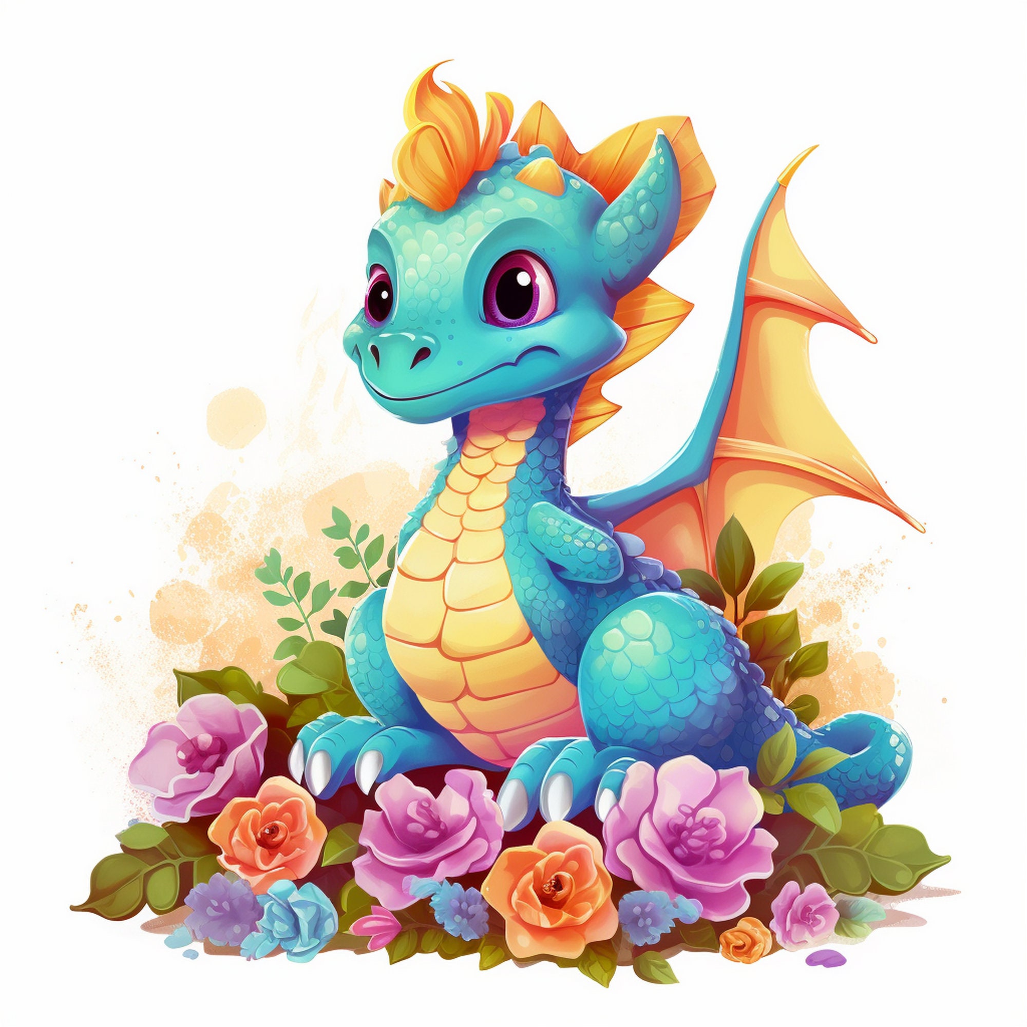 9 Cute Watercolor Dragons With Flowers Clipart, Fantasy Dragons ...
