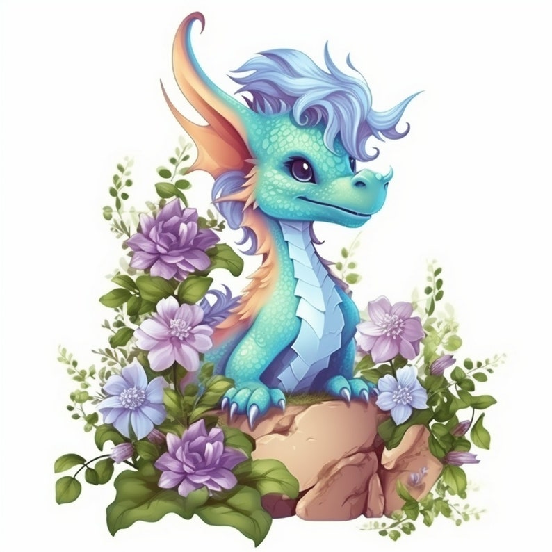 9 Cute Watercolor Dragons With Flowers Clipart, Fantasy Dragons ...