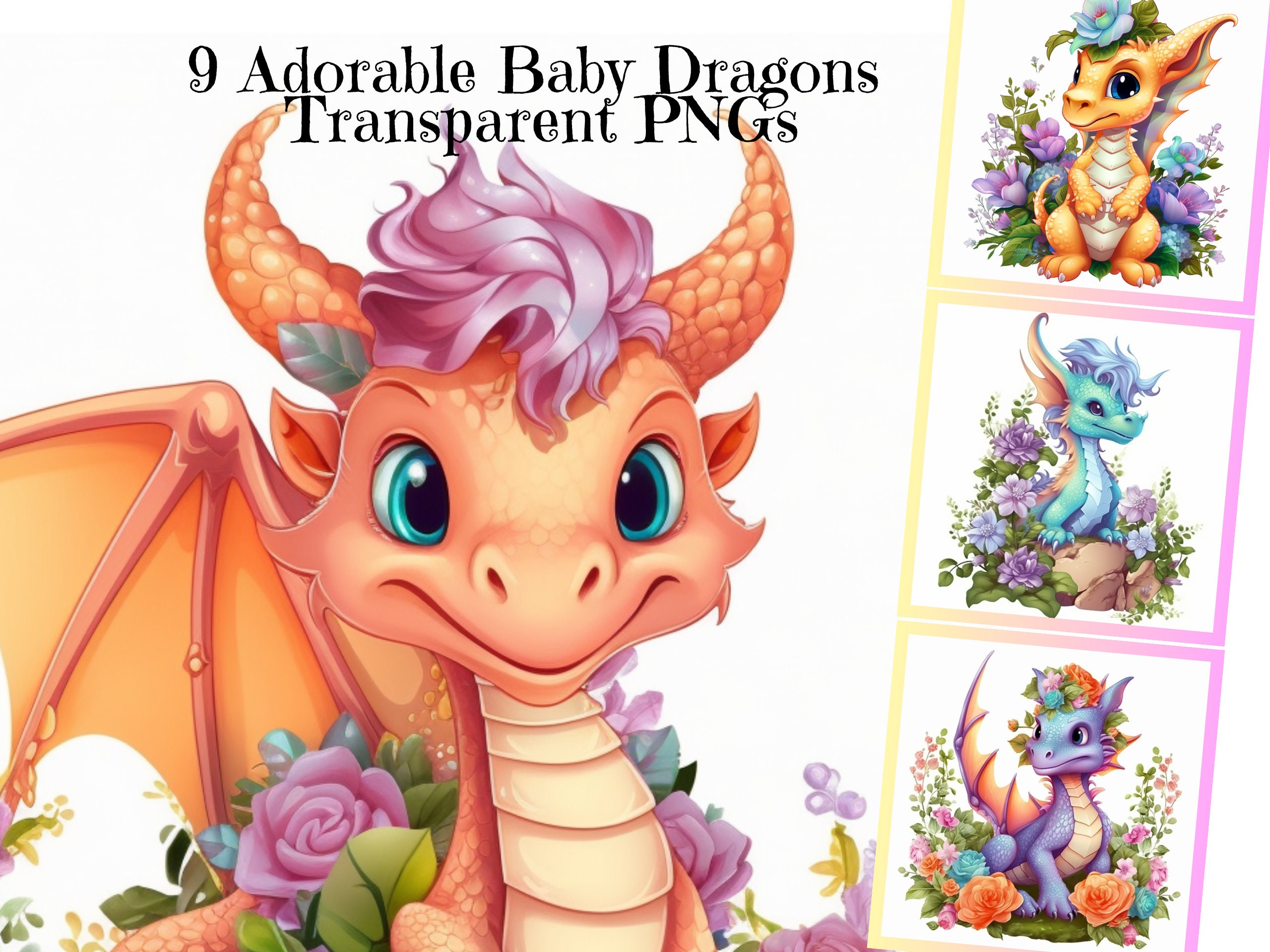 9 Cute Watercolor Dragons With Flowers Clipart, Fantasy Dragons ...