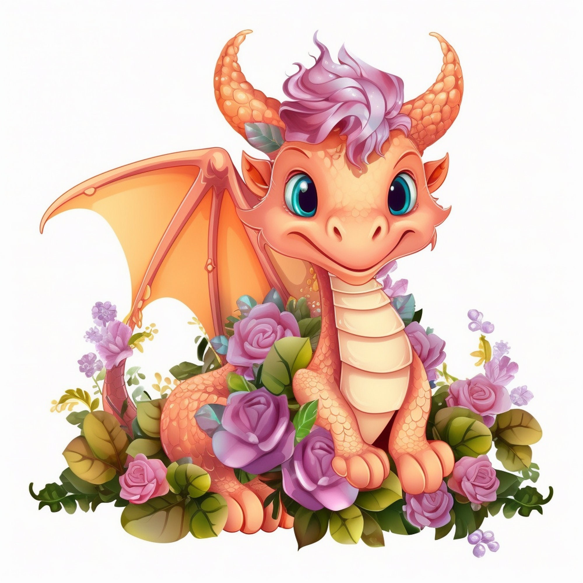 9 Cute Watercolor Dragons With Flowers Clipart, Fantasy Dragons ...