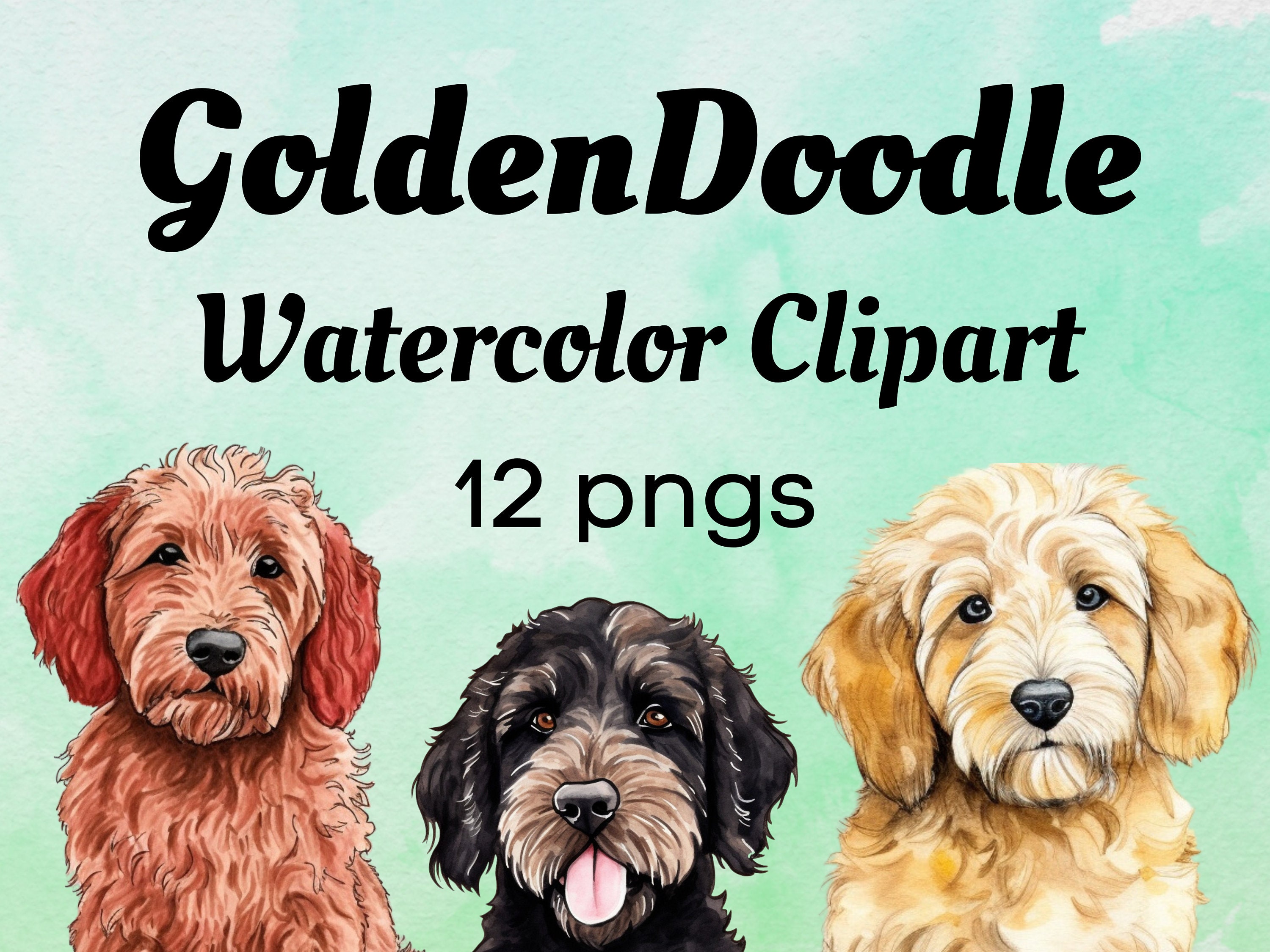 Goldendoodle Clipart - 12 High Quality Pngs - Watercolor Dog Portrait ...