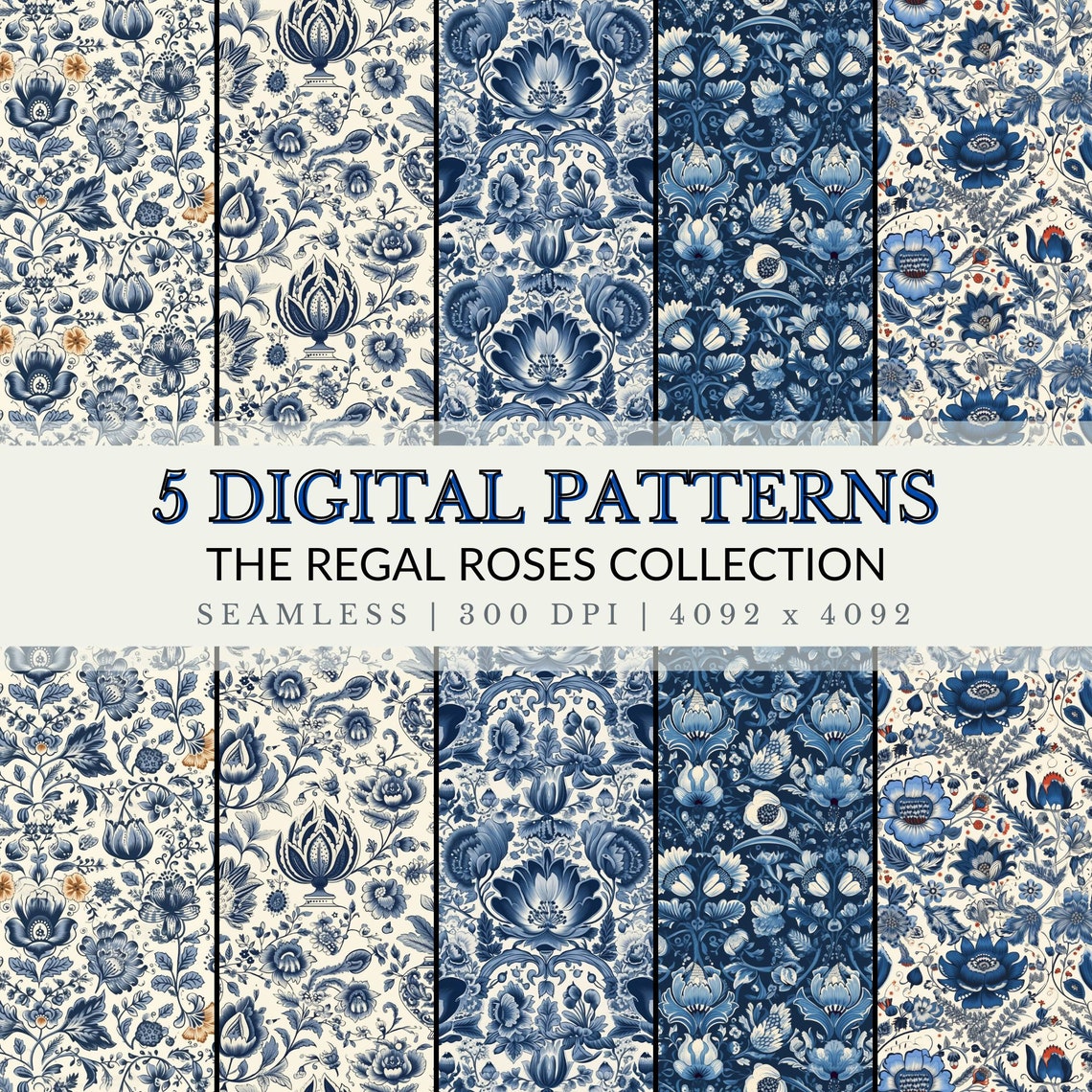 5 Digital Patterns From the Regal Roses Collection Seamless - Etsy