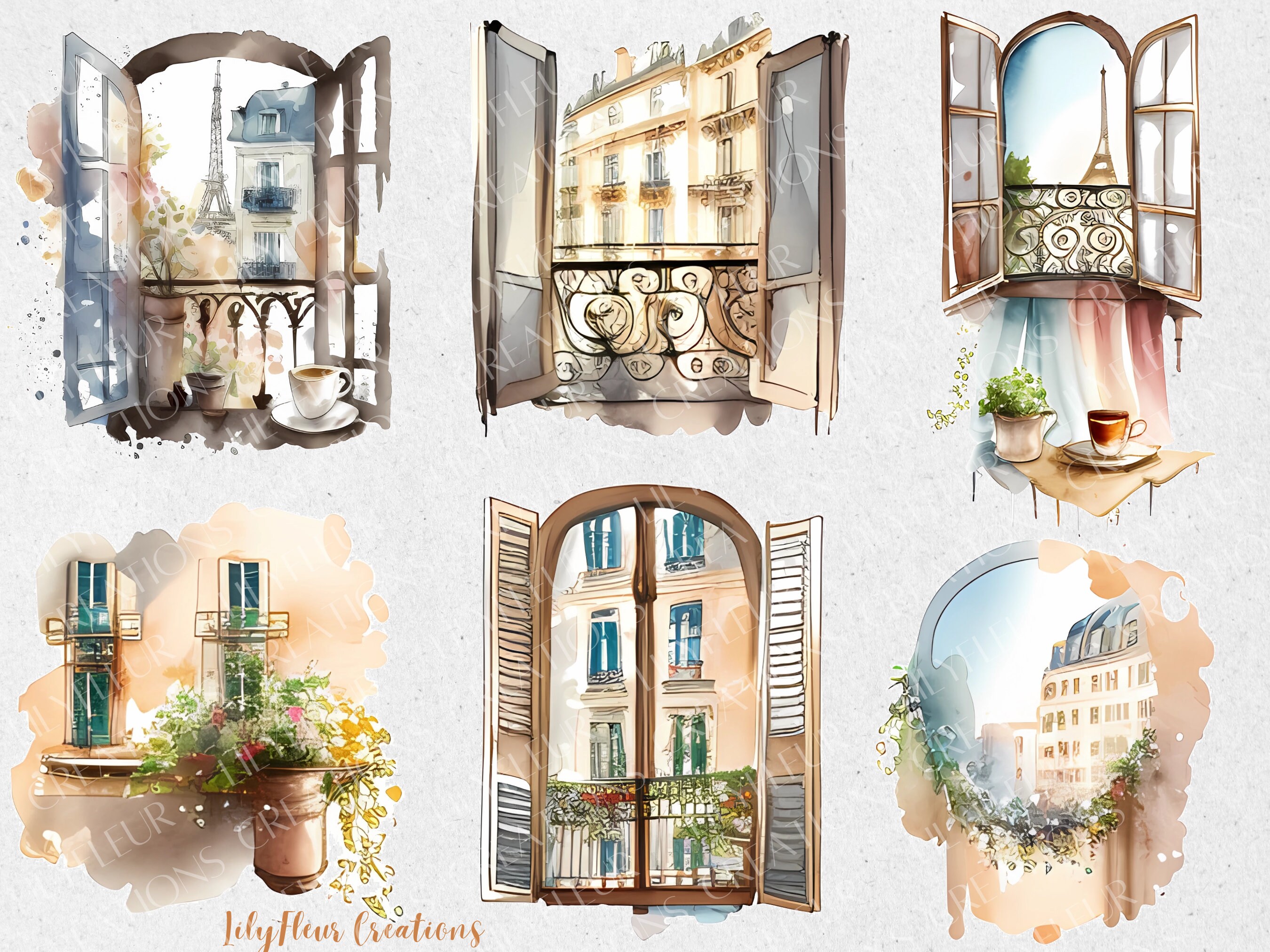Watercolor Paris Clipart Watercolor Windows PNG Romantic - Etsy