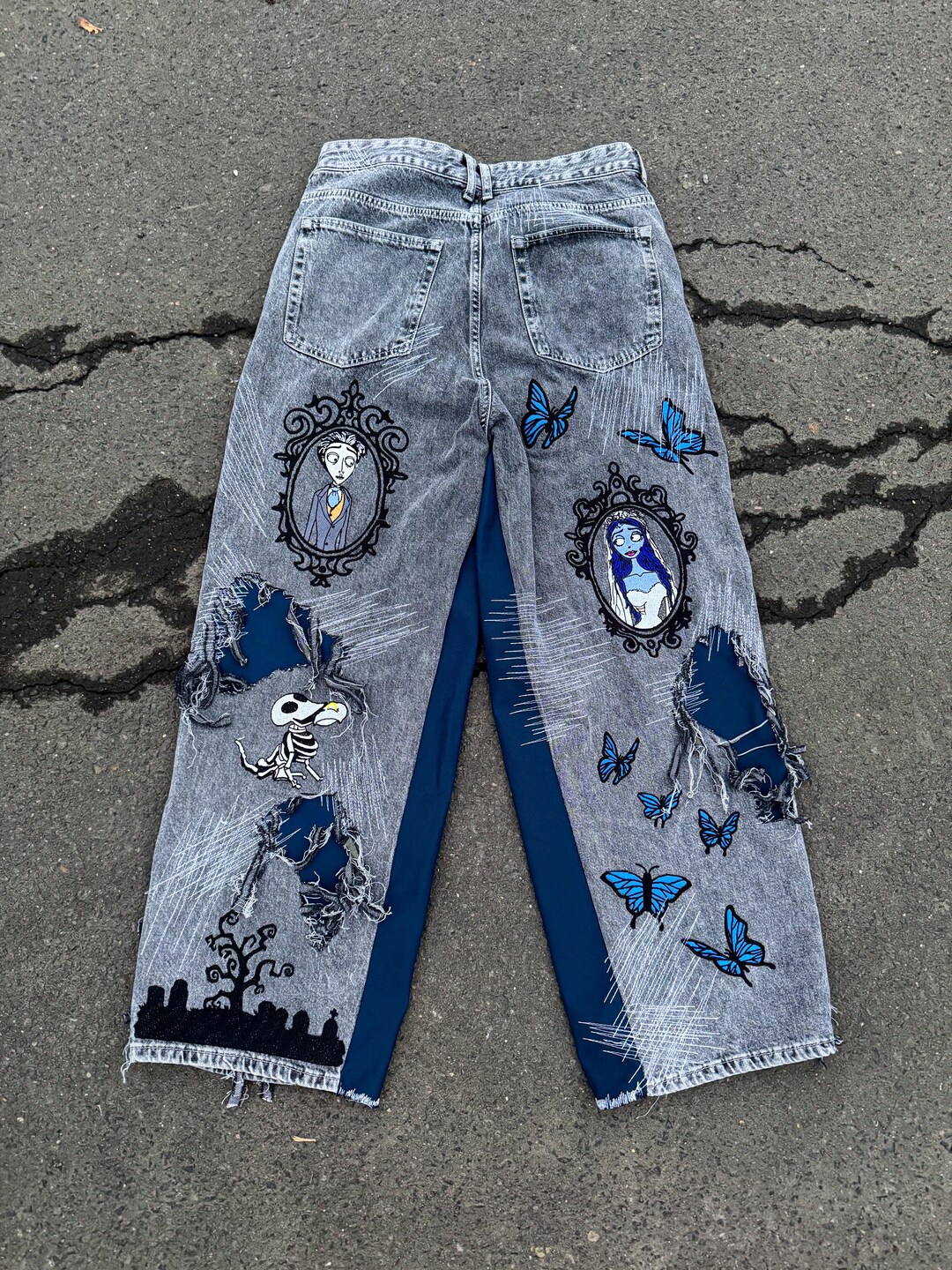 Custom Corpse Bride Handmade 1-of-1 Jeans Embroidered Baggy Streetwear ...