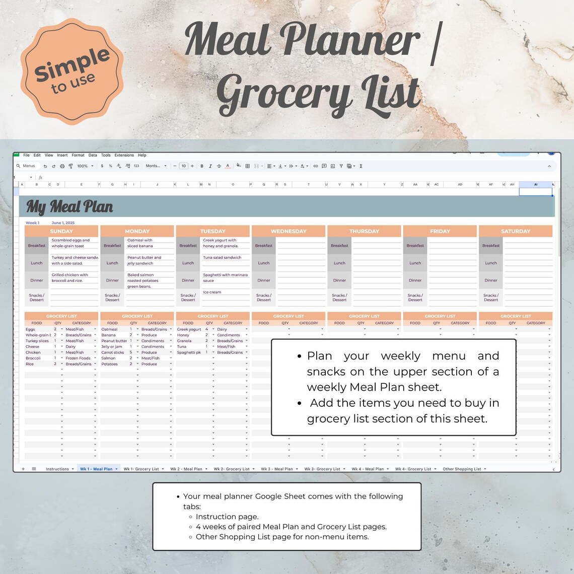 Google Sheets Meal Planner & Grocery List | Easy-to-print Grocery ...