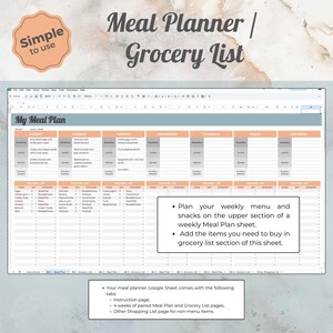 Google Sheets Meal Planner & Grocery List | Easy-to-print Grocery ...