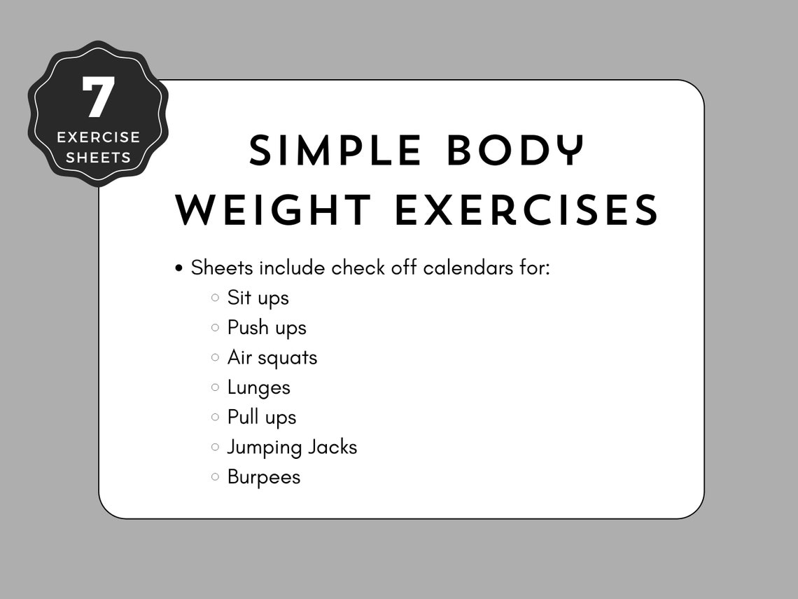 7 Bodyweight Exercise 30 Day Challenge Calendar Checkoffs for Advanced ...