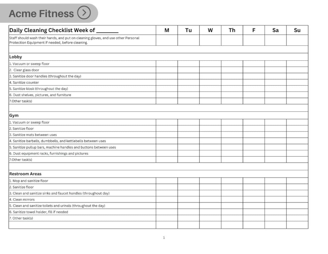 Gym Daily Cleaning Schedule - for Gym or Fitness Studio - Staff ...