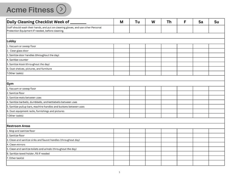 Gym Daily Cleaning Schedule - for Gym or Fitness Studio - Staff ...