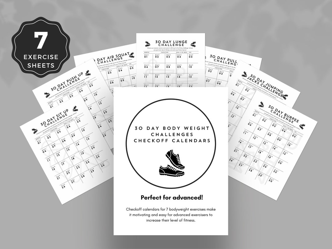 7 Bodyweight Exercise 30 Day Challenge Calendar Checkoffs for Advanced ...