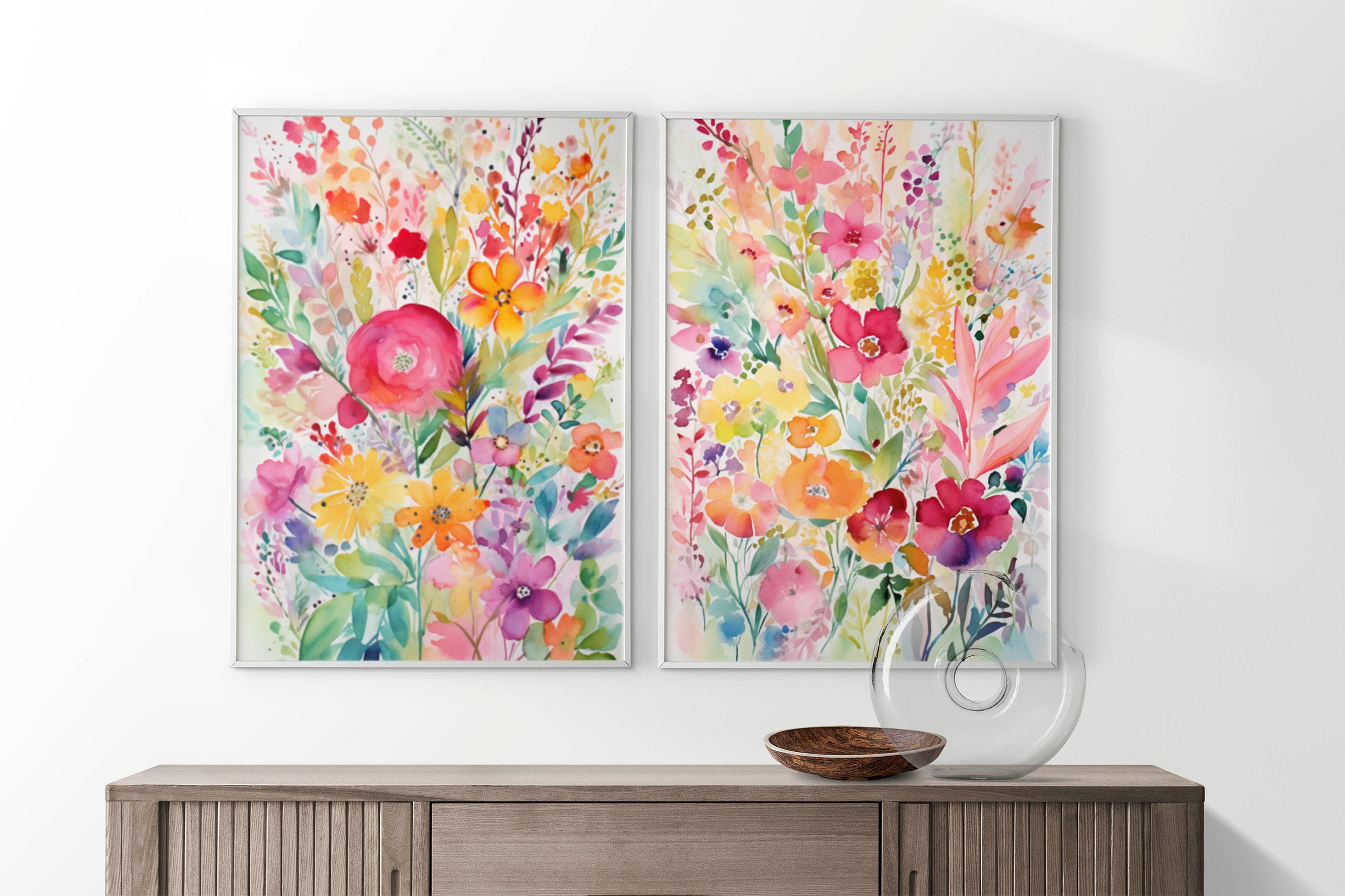 Floral Wildflower Field, Set of 2 Watercolor Print, Wall Art, Printable ...