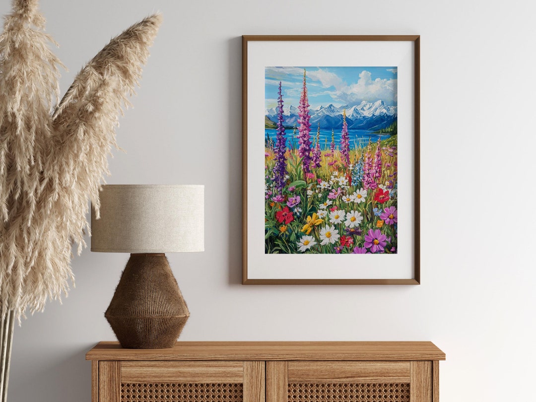 Alaska Mountains, Wildflowers, Lake Art | Handpainted Inpasto Art Print ...