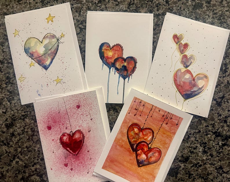 Hand Painted Original Heart Note Cards 5 X 7 Original Watercolor ...