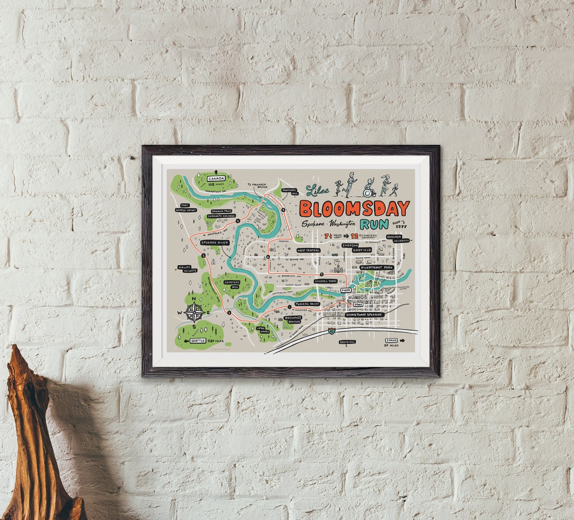 Spokane - Bloomsday Course Map - Illustrated Digital Print - Unframed ...