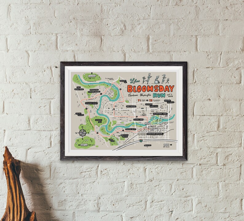 Spokane - Bloomsday Course Map - Illustrated Digital Print - Unframed ...