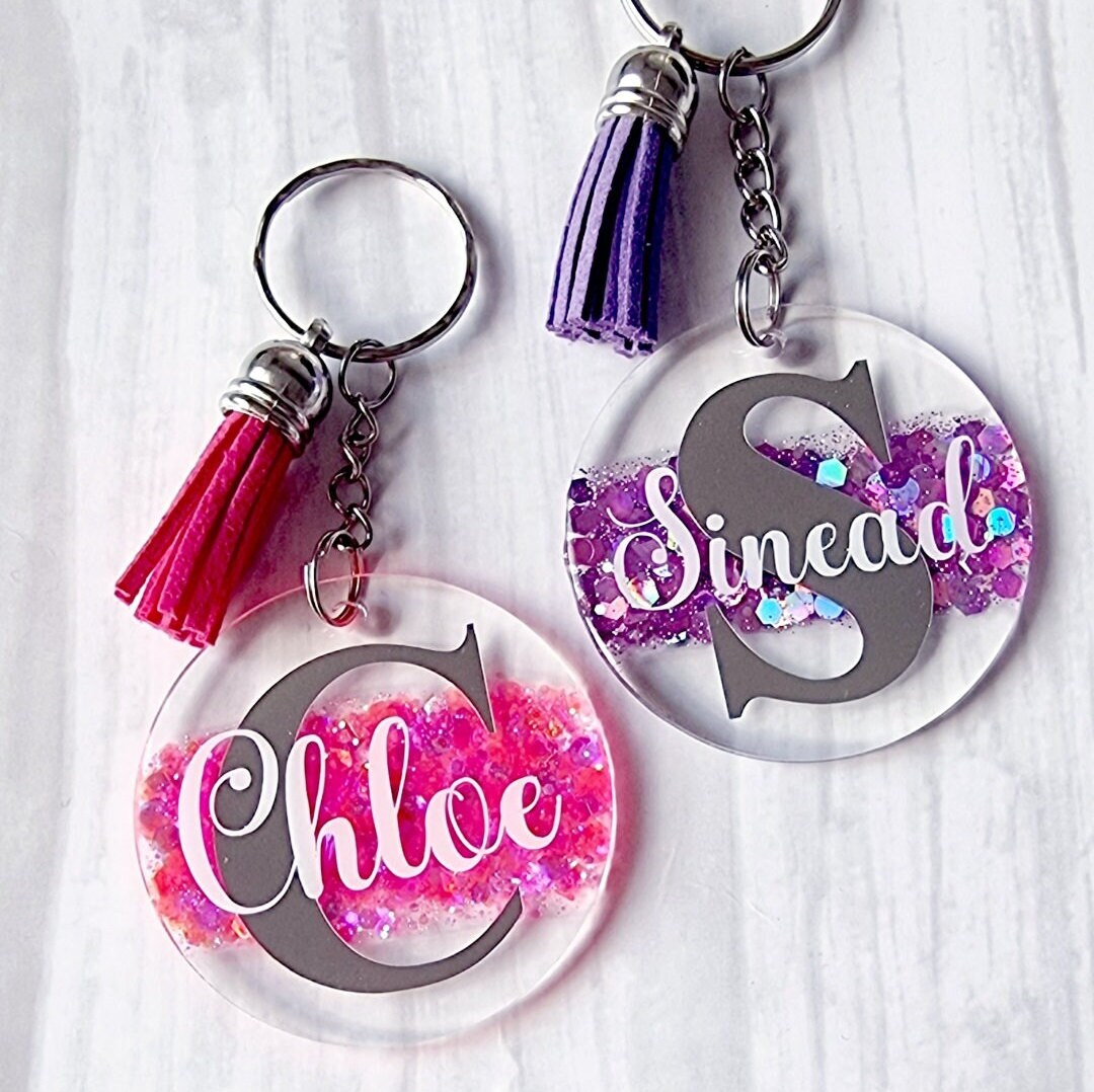 Personalised Glitter Initial Letter Name Circle Resin Keyring, Bag ...