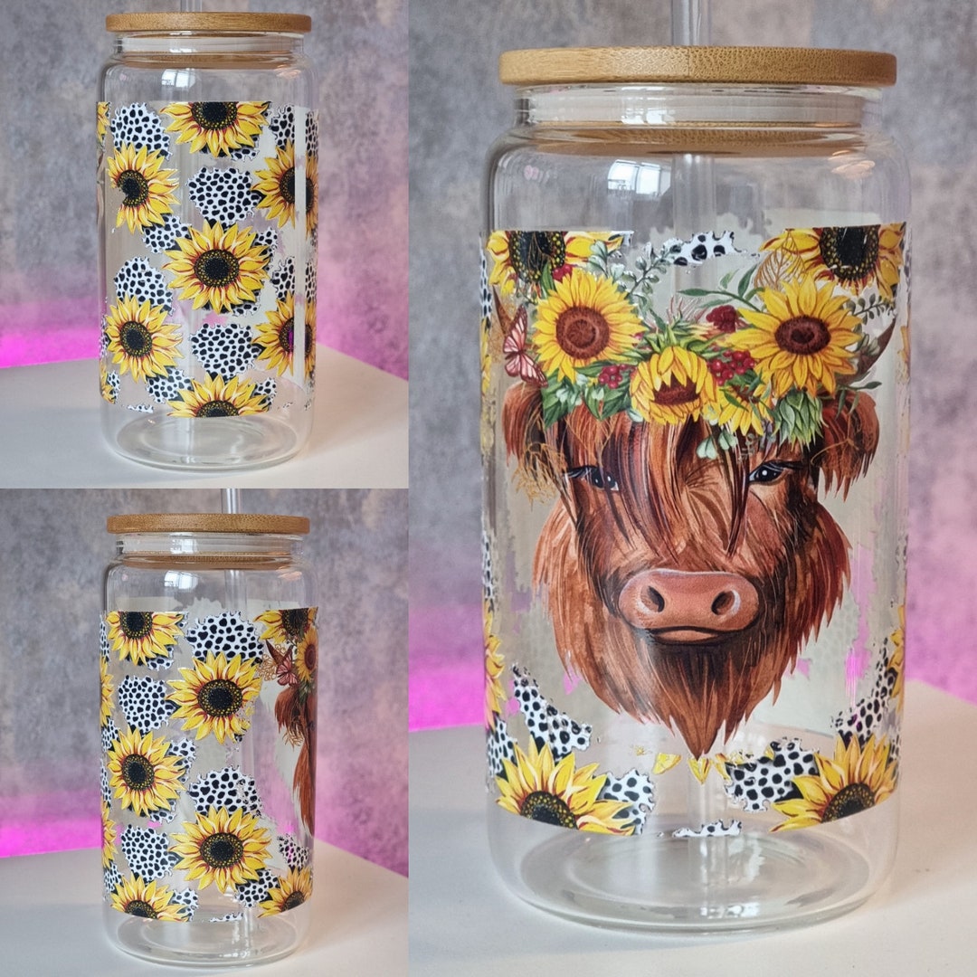 Sunflower & Cow Print Highland Cow Libby Can, UVDTF Wrap Libby Can ...