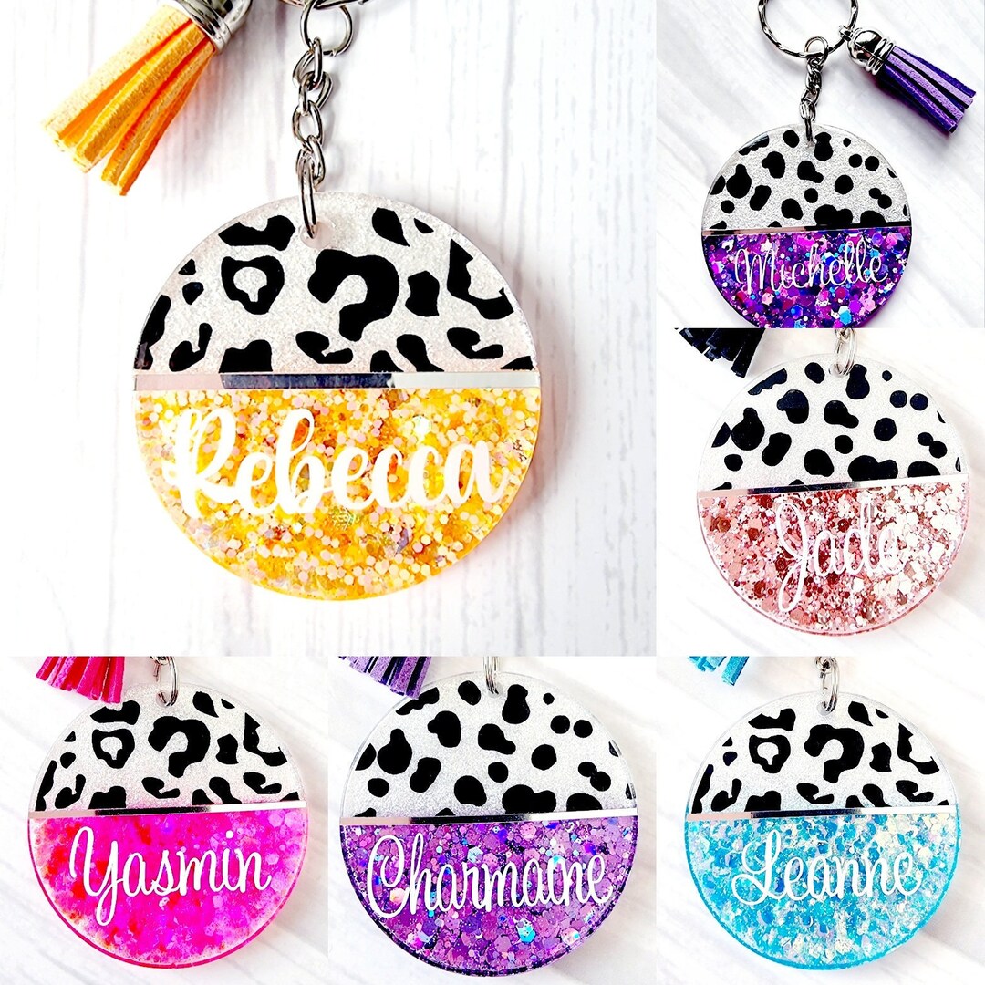 Personalised Split Glitter Animal Print Resin Sealed Keyrings ...