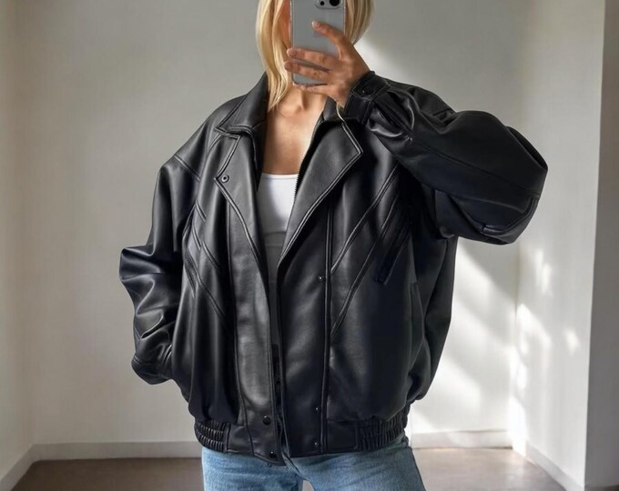 90s Inspired Handmade Women Oversized Black Leather Jacket, Women Customized Leather Jacket ...