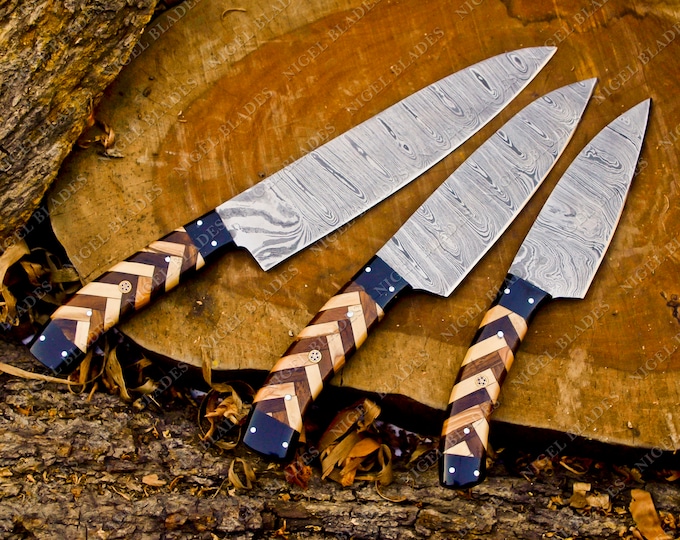 Hand Forged Damascus Steel Chef Set 5 Pcs With Free Leather Roll ...