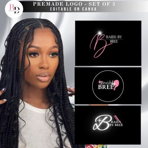 Set of 3 Premade White and Pink Logos for Braiders, Braids Logo Design ...