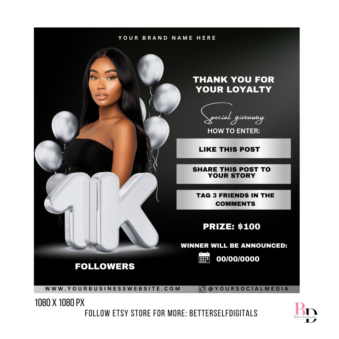 1k Followers Giveaway Flyer, DIY Template, Editable on Canva, Business ...
