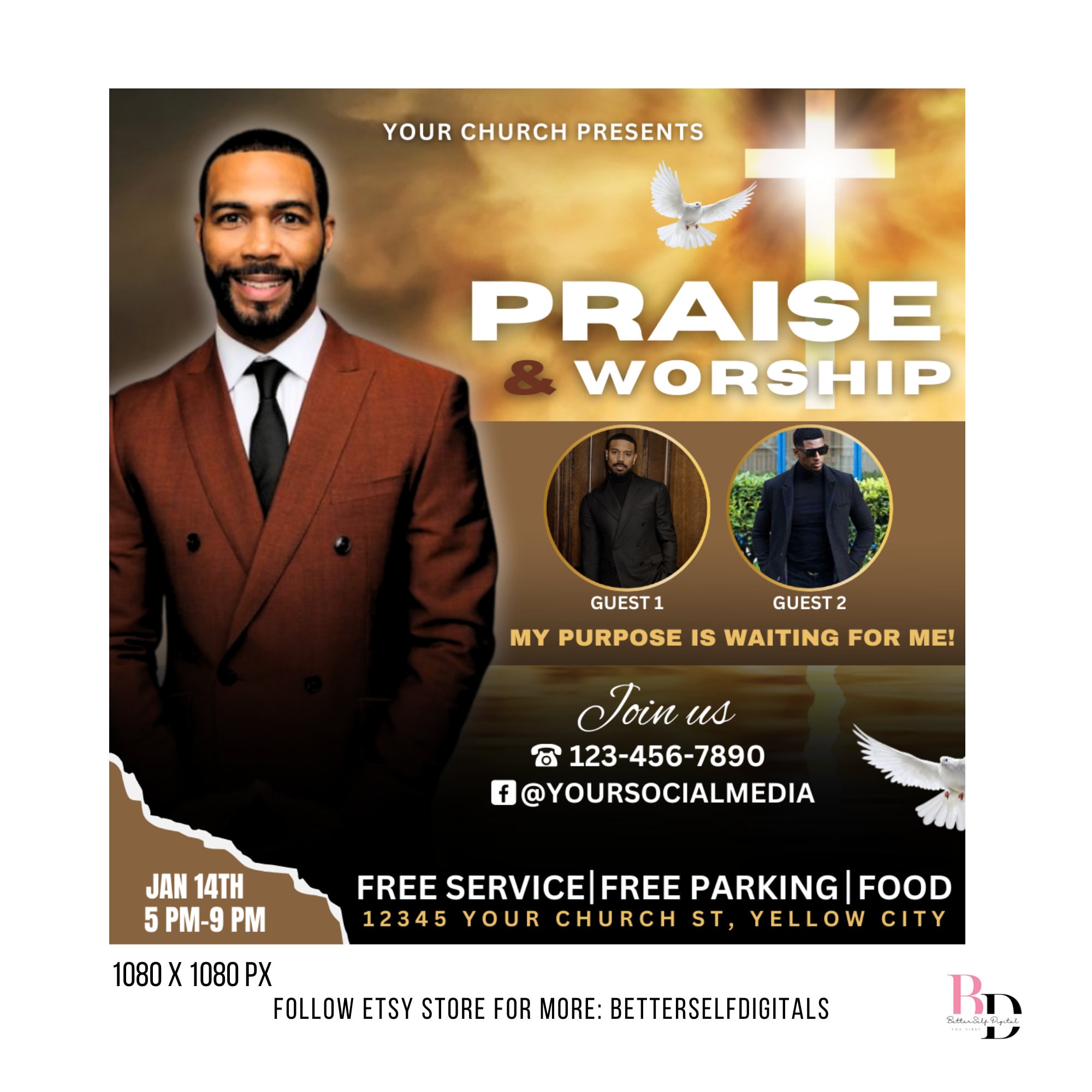DIY Church Flyer Template, Editable on Canva Pro, Brown, Worship ...