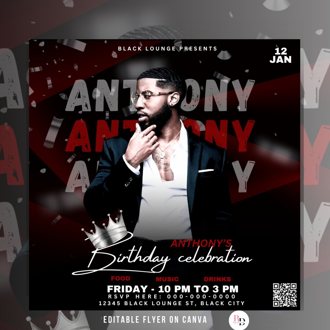 Male Birthday Flyer Invitation, Editable on Canva, Red and Black Design ...