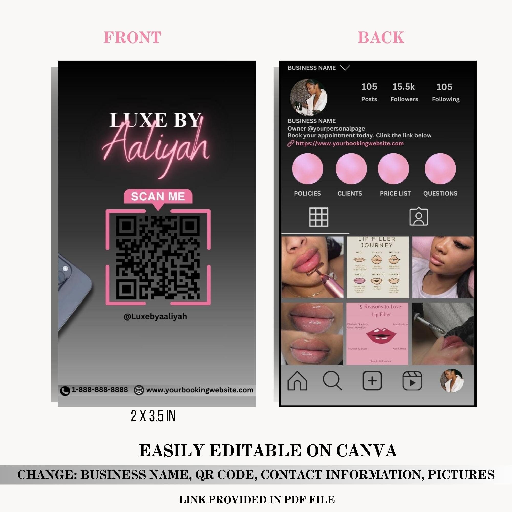DIY Lip Fillers QR Code Instagram Business Cards Template, Botox, Lips ...