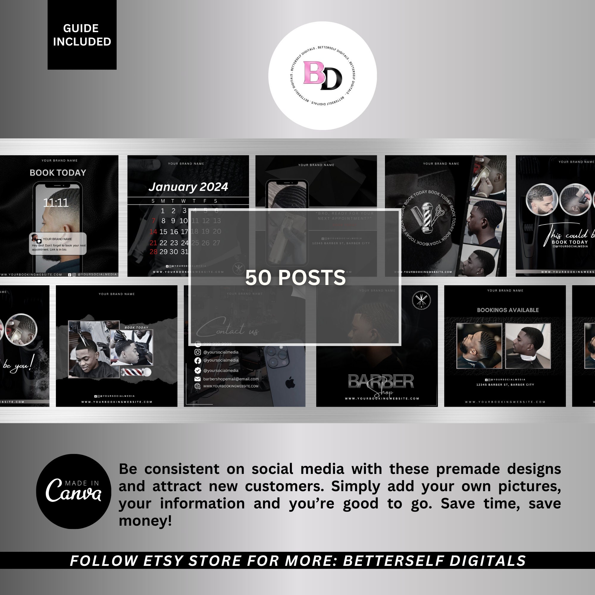50 Barber Shop IG Posts + Highlight Covers Bundle/branding Kit, Canva ...