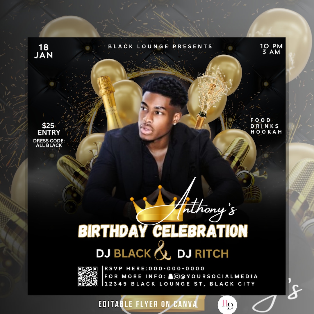 Male Birthday Flyer Invitation, Editable on Canva, Black and Gold ...