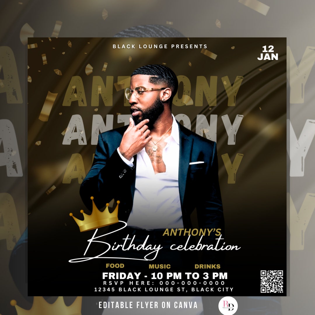 Male Birthday Flyer Invitation, Editable on Canva, Black and Gold ...