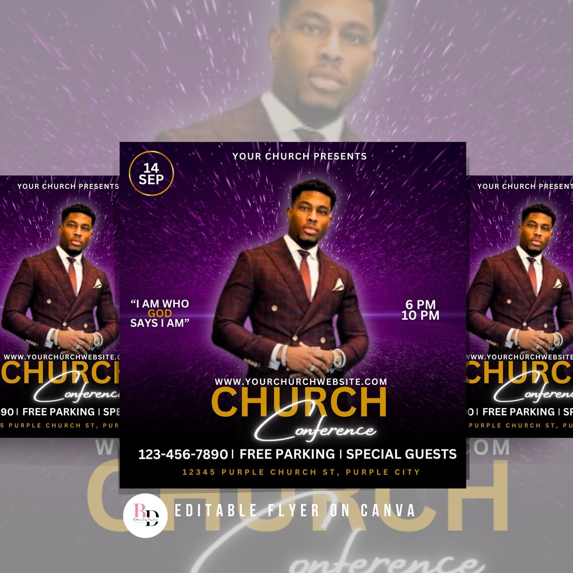 DIY Church Flyer Template, Editable on Canva Pro, Purple, Worship ...