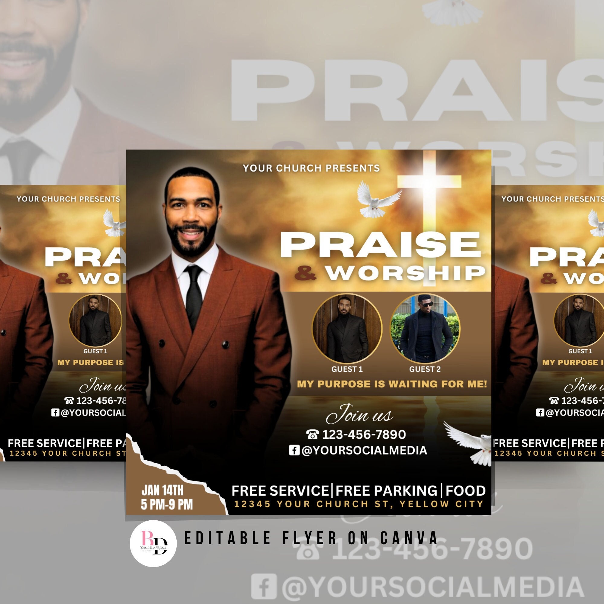 DIY Church Flyer Template, Editable on Canva Pro, Brown, Worship ...