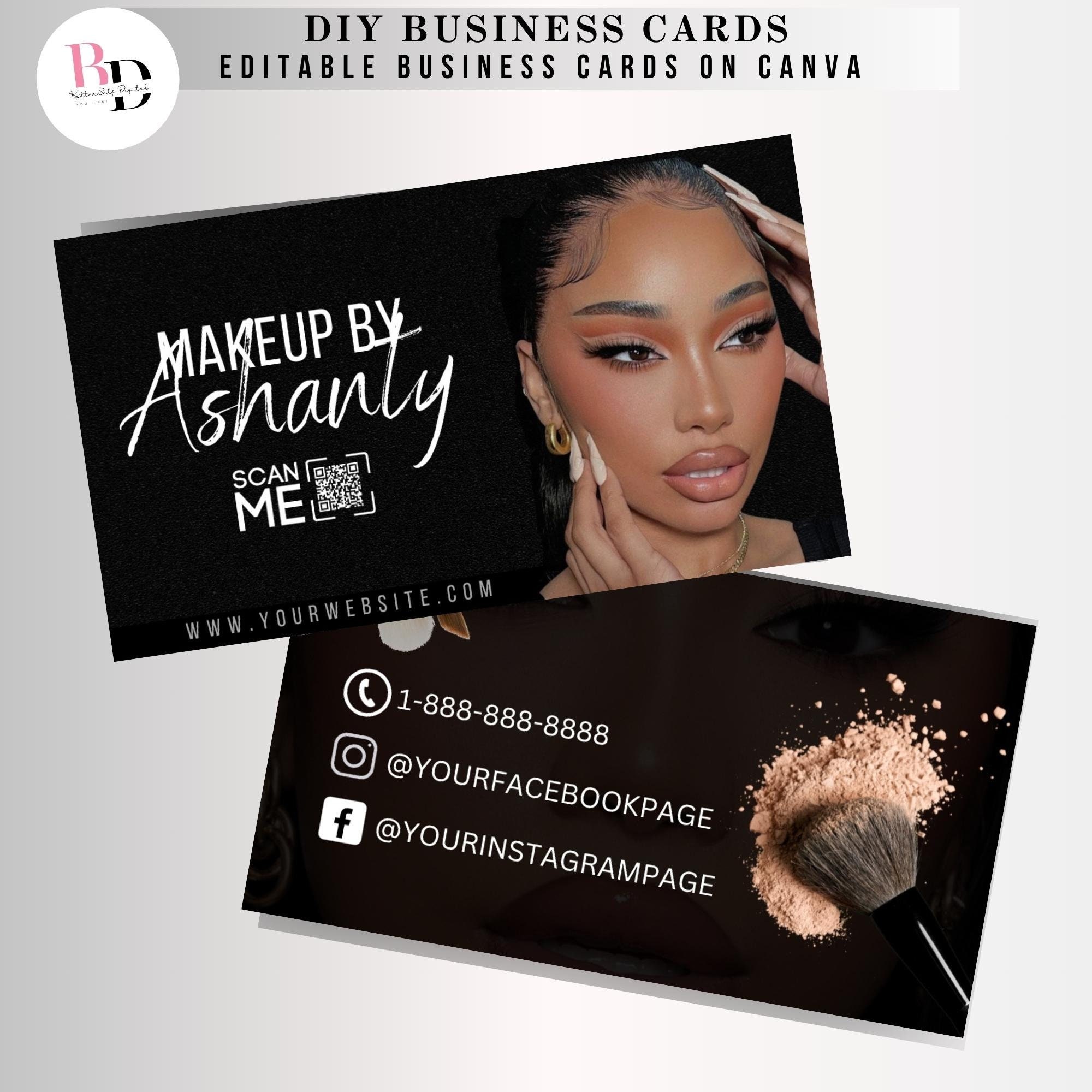 DIY Makeup Artist Business Cards With QR Code, Editable Black and Brown ...