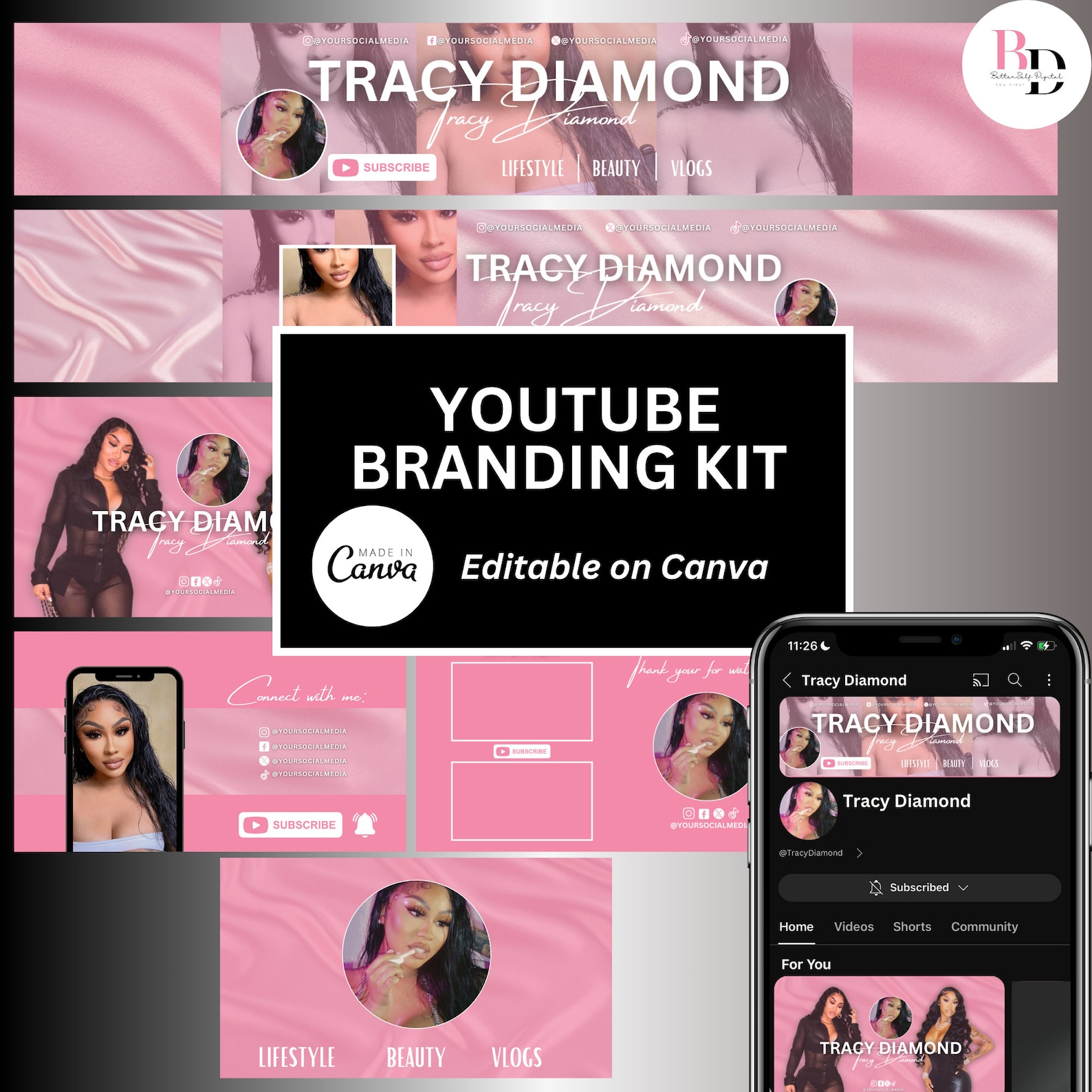 Youtube Branding Kit, Pink and White Girly Design, Editable on Canva ...