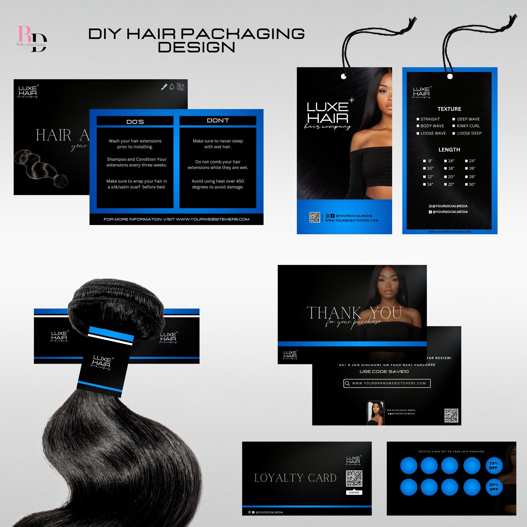 DIY Hair Extension Bundle Tag Template, Canva Graphic Design, Thank You ...