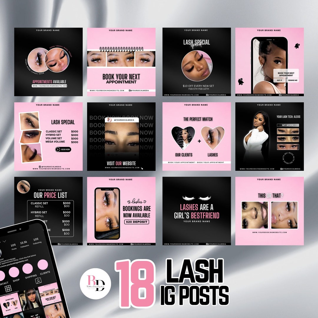 18 Pink Lash Instagram Post Bundle, Lash Branding Template, Editable on ...
