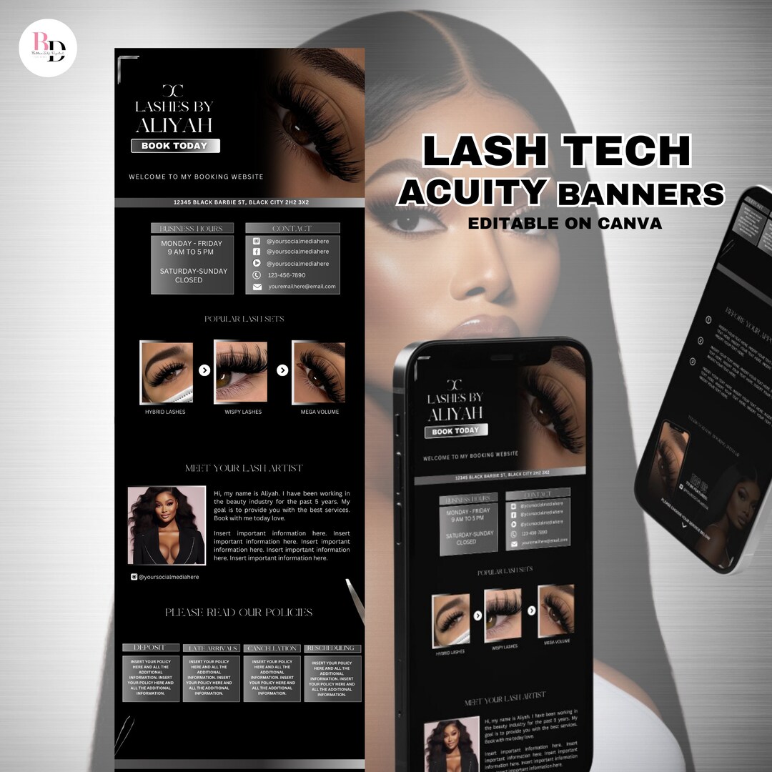 Black Luxury Lash Tech Acuity Scheduling Template, Eyelashes Branding ...