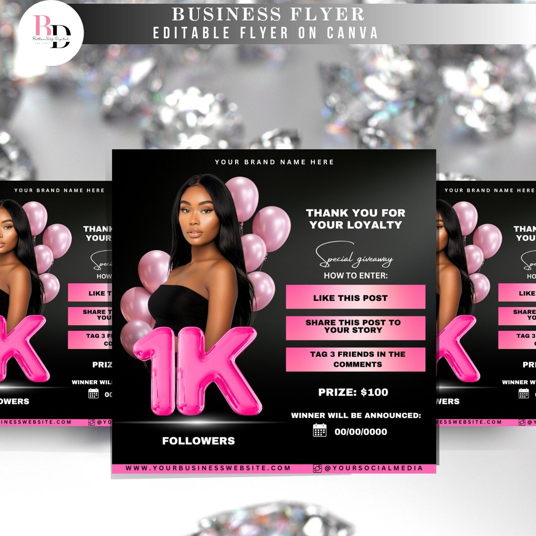 1k Followers Giveaway Flyer, DIY Template, Editable on Canva, Business ...
