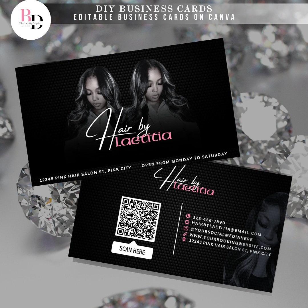 DIY Premade Hairstylist Business Cards, Black and Pink Editable ...