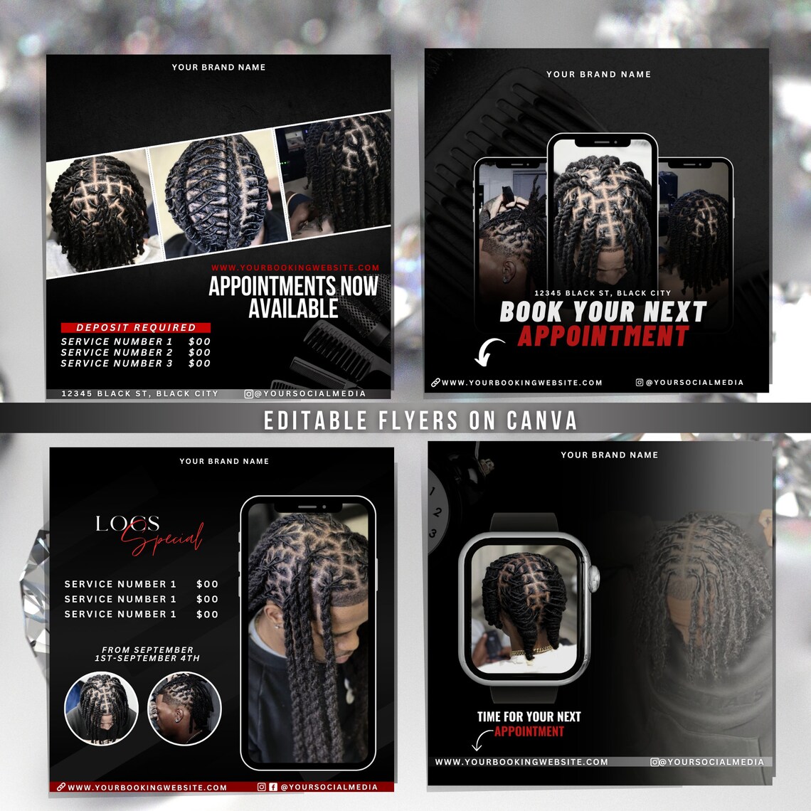4 Locs and Styles Flyers Bundle, Barbershop, Loc Retwist, Editable on ...