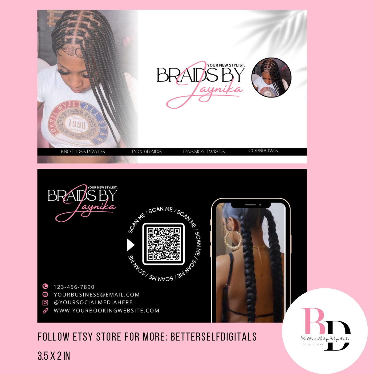 DIY Braider Business Cards, Editable on Canva, White and Pink Graphic ...