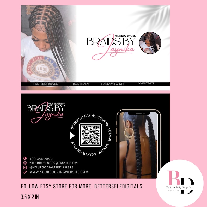 DIY Braider Business Cards, Editable on Canva, White and Pink Graphic ...