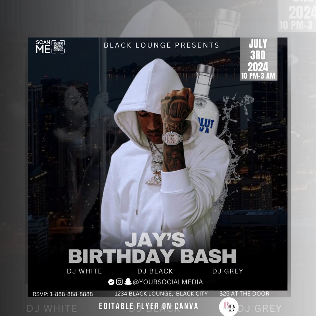 DIY Birthday Bash Flyer for Men, Black and White Editable Template With ...