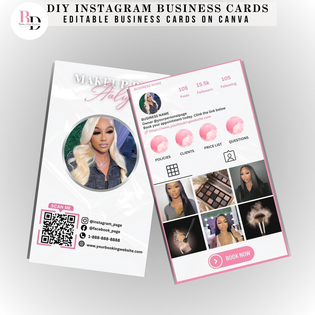 DIY Makeup Business Cards With QR Code, Instagram Premade Business ...