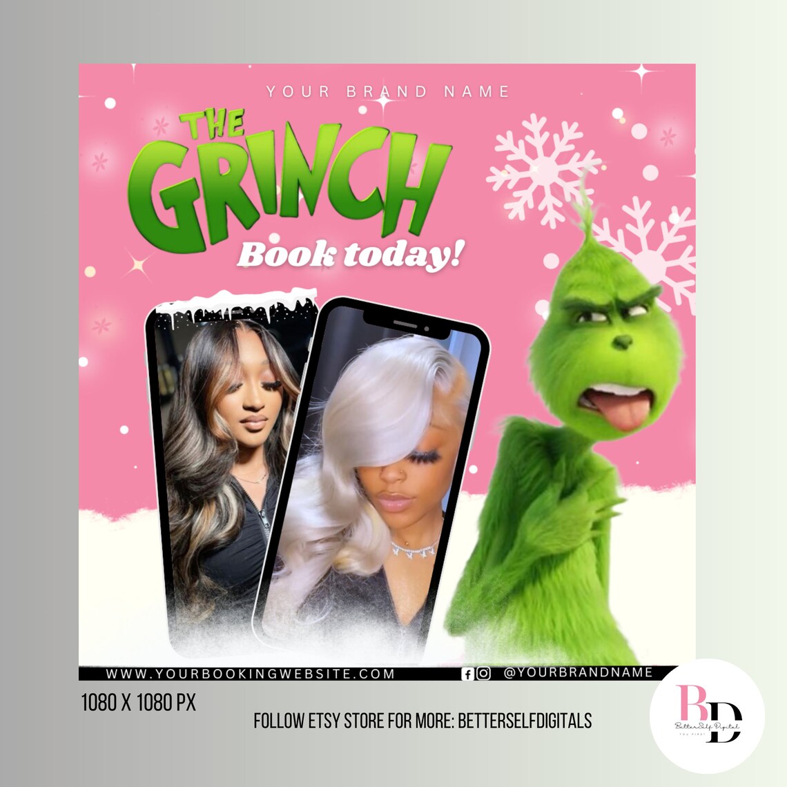 Grinch Booking Flyer for Hairstylist, Editable Holiday Flyer on Canva ...
