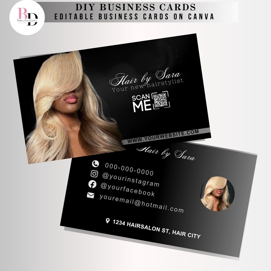 DIY Premade Hairstylist Business Cards, Black Editable Templates on ...