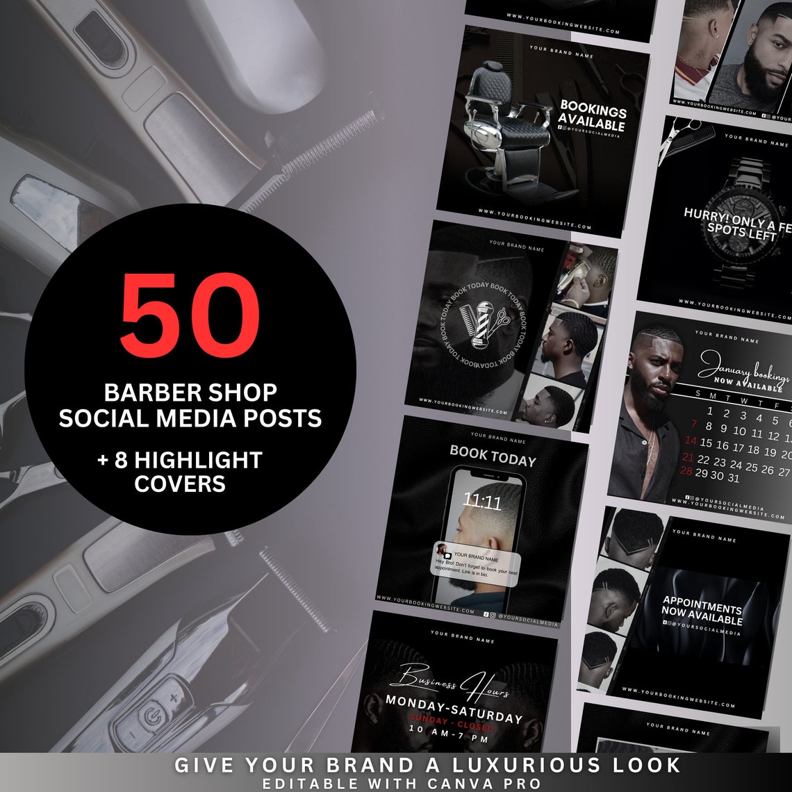 50 Barber Shop IG Posts + Highlight Covers Bundle/branding Kit, Canva ...