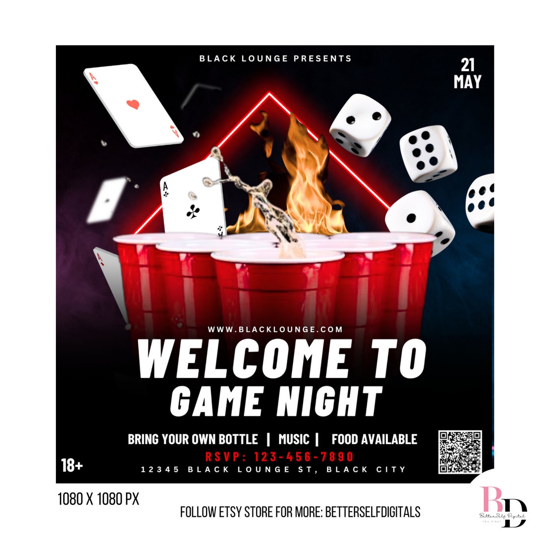 DIY Game Night Flyer for Friends and Family, 3D Design, Editable on ...